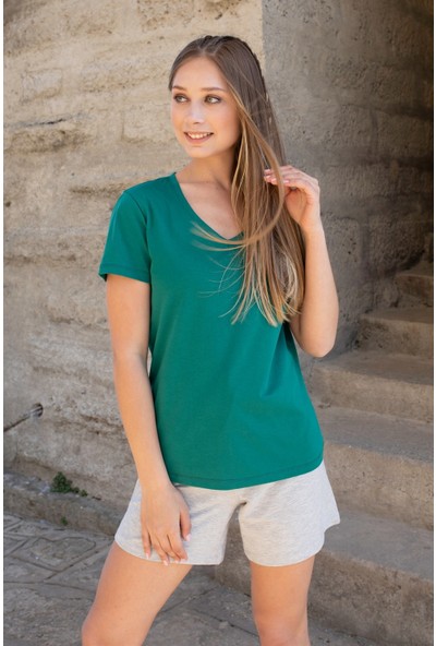 Kadın Yeşil V Yaka Kısa Kol T-Shirt