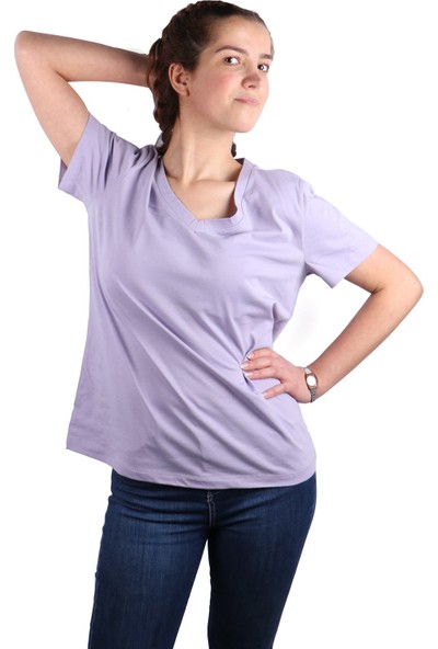 Kadın Lila V Yaka Kısa Kol T-Shirt
