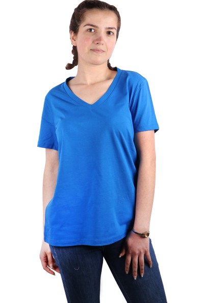 Espina Kadın Mavi V Yaka Kısa Kol T-Shirt