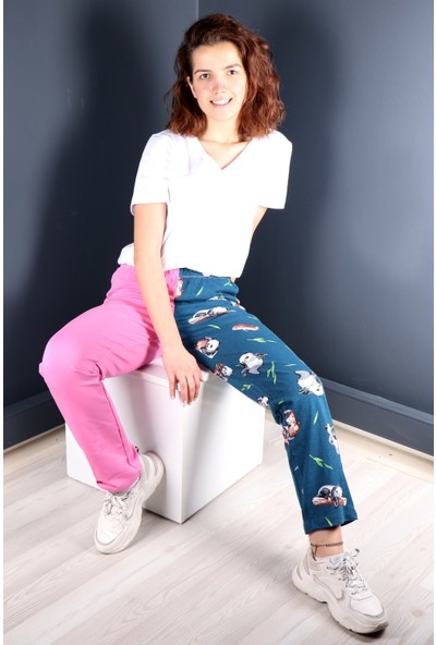 Kadın Pembe Yeşil Cepsiz Eşofman Altı