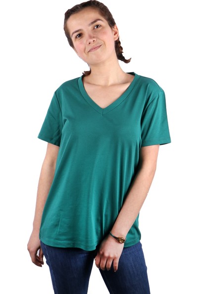 Kadın Zümrüt V Yaka Kısa Kol T-Shirt