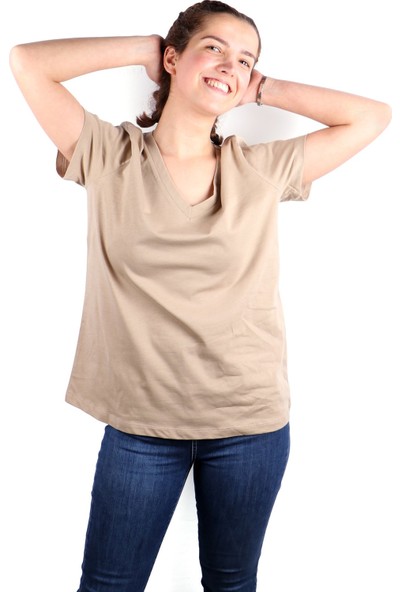 Espina Kadın A.haki V Yaka Kısa Kol T-Shirt