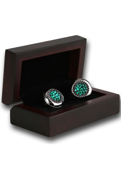 Kravatkolik Gümüş Renk Yeşil Taşlı Kol Düğmesi KD1210