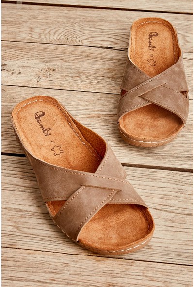 Bambi Vizon Nubuk Kadın Terlik K04581001571