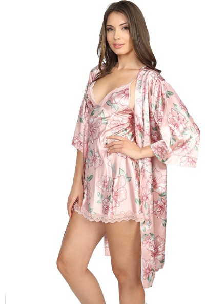 EXCLUSIVE Flowers 5'li Saten Çiçek Desenli Şortlu Sabahlık Takımı EXCLUSIVE Flowers 5'li Saten Çiçek Desenli Şortlu Sabahlık Takımı