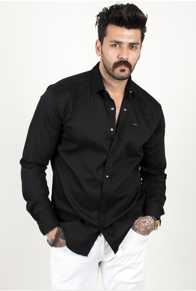 Deepsea Siyah Erkek Likralı Uzun Kol Kot Gömlek 2101827 Deepsea Siyah Erkek Likralı Uzun Kol Kot Gömlek 2101827