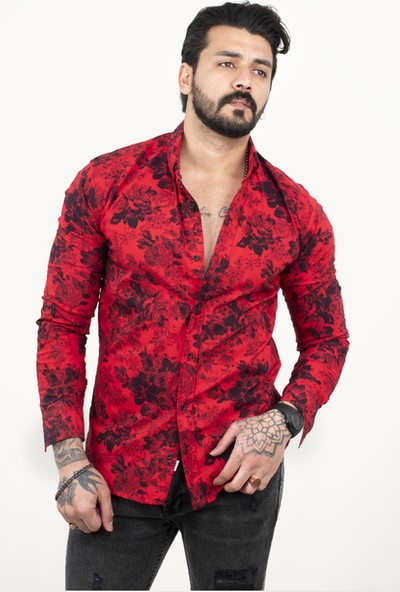 Deepsea Kırmızı Erkek Gül Desenli Uzun Kol Likrali Gömlek 2101853