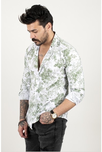 Deepsea Beyaz-Yeşil Erkek Gül Desenli Uzun Kol Likrali Gömlek 2101853 Deepsea Beyaz-Yeşil Erkek Gül Desenli Uzun Kol Likrali Gömlek 2101853