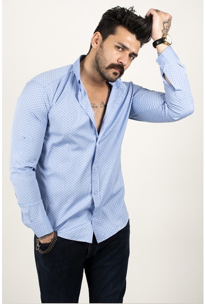 Deepsea Mavi Erkek Nokta Desen Likralı Uzun Kol Gömlek 2101845