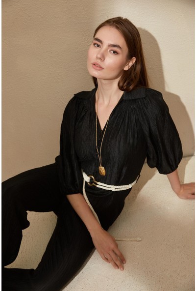 Setre Siyah Kemerli Balon Kol Tulum