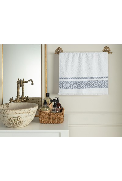 Madame Coco Elita Jakarlı Yüz Havlusu - Beyaz - Lacivert - 50 x 70 Cm.