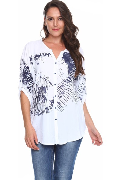 Zer Otantik Baskılı Taş Detay Büyük Beden Gömlek Bluz Beyaz