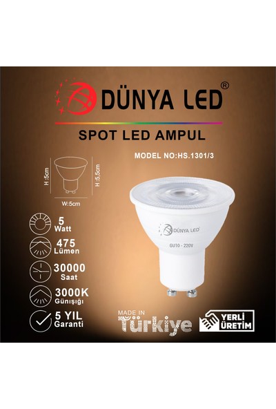Dünya LED HS.1301/3 5W LED Spot GU10 3000K Günışığı Dünya LED HS.1301/3 5W LED Spot GU10 3000K Günışığı