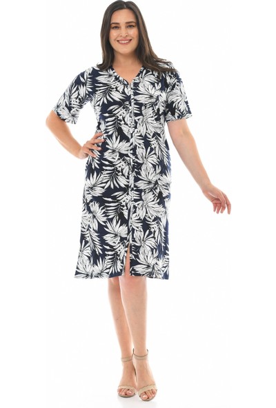 Casual Dress V Yaka Yarım Kol Önden Fermuarlı Penye Elbise