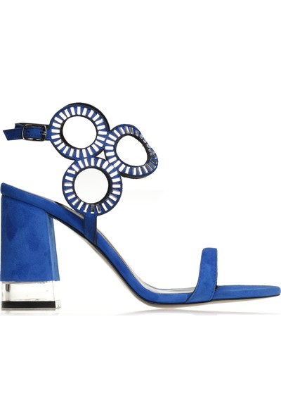 Cengiz Gümüş Mavi Süet Kalın Topuk Kadın Sandalet