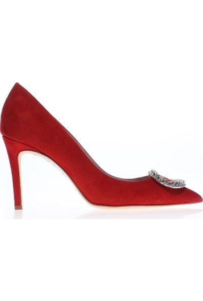 Cengiz Gümüş Kırmızı Süet Tokalı Kapalı Kadın Stiletto