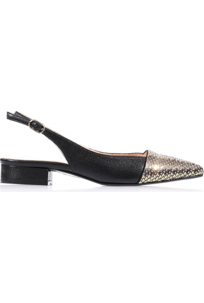 Cengiz Gümüş Siyah Deri Burun Altın Yaldızlı Kadın Ayakkabı