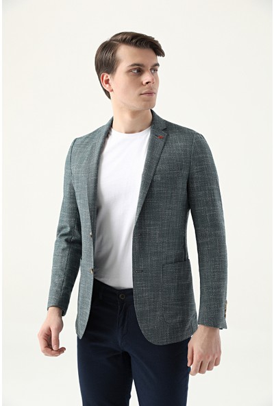 D'S Damat Twn Slim Fit Yeşil Armürlü Kumaş Ceket