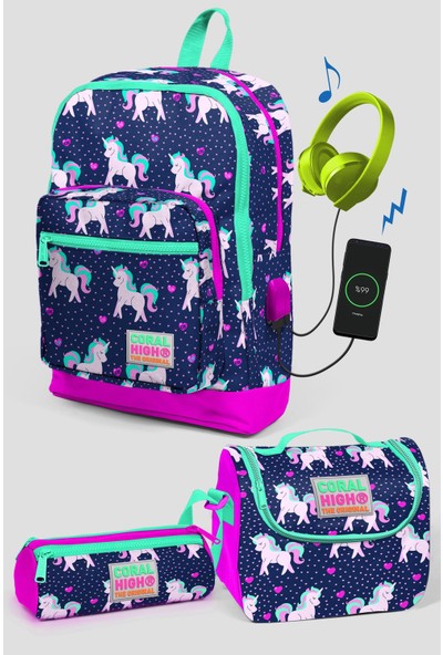Coral High Kids Lacivert Unicorn Dört Bölmeli USB Şarjlı Kulaklık Çıkışlı 3'lü Çanta 23270 Coral High Kids Lacivert Unicorn Dört Bölmeli USB Şarjlı Kulaklık Çıkışlı 3'lü Çanta 23270