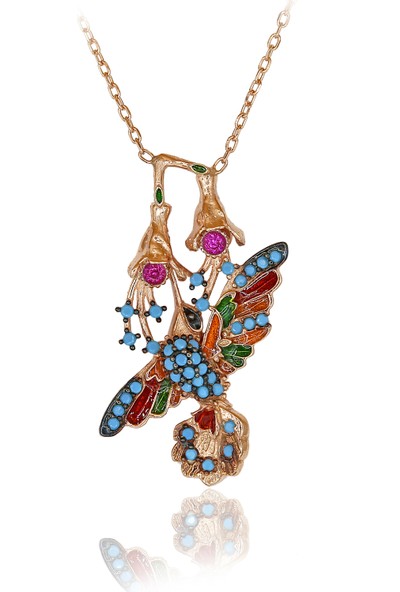 Takı Boom Turkuaz Taşlı Çiçekli Mineli Arı Kuşu Gümüş Kolye