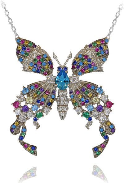 Takı Boom Renkli Taşlı Kelebek Gümüş Kolye