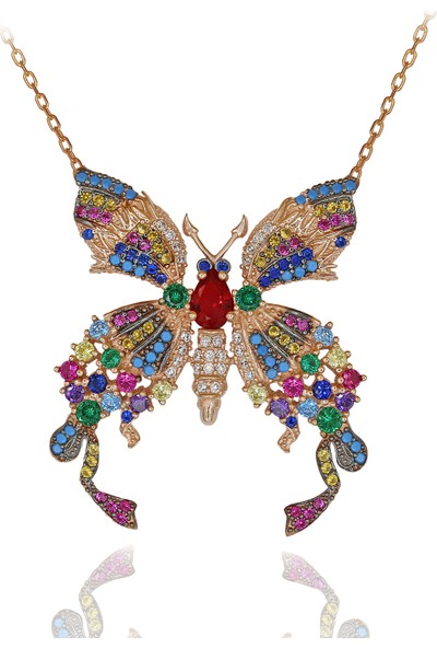 Takı Boom Renkli Taşlı Kelebek Gümüş Kolye