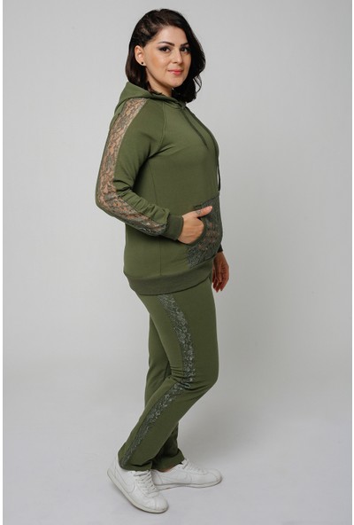 Ebsumu Kadın Büyük Beden Kol ve Cep Güpür Detay Kapüşonlu Haki Sweatshirt Ebsumu Kadın Büyük Beden Kol ve Cep Güpür Detay Kapüşonlu Haki Sweatshirt