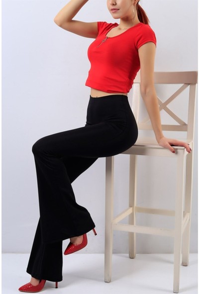 Kasheha Kadın Siyah Çelik Kumaş Ispanyol Paça Tayt Pantolon - KAD3325461