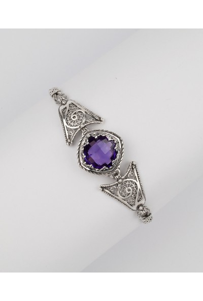 Filigran Silver 925 Ayar Gümüş Otantik El Işçiliği Telkari Doğal Ametist Taşlı Ayarlanabilir Kadın Bileklik