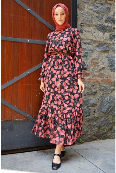 inStyle Damla Desen Kemerli Şifon Elbise - Gül Kurusu