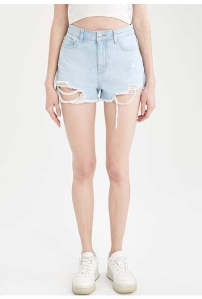 Defacto Yüksek Bel Yırtık Detaylı Jean Mini Şort U2957AZ21SM