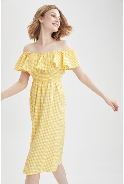 Defacto Pötikareli Volan Detaylı Carmen Yaka Midi Elbise U8714AZ21SM Defacto Pötikareli Volan Detaylı Carmen Yaka Midi Elbise U8714AZ21SM