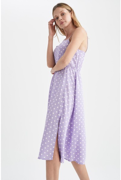 DeFacto Puantiyeli İp Askılı Beli Büzgülü Yırtmaçlı Midi Elbise U4663AZ21SM