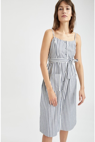 Defacto Çizgili V Yaka Askılı Kuşaklı Midi Elbise U7053AZ21SM