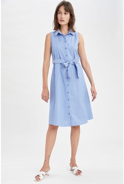 Defacto Kuşak Detaylı Pamuklu Midi Gömlek Elbise V0546AZ21SM