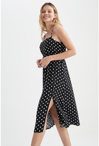 Defacto Puantiyeli İp Askılı Beli Büzgülü Yırtmaçlı Midi Elbise U4663AZ21SM