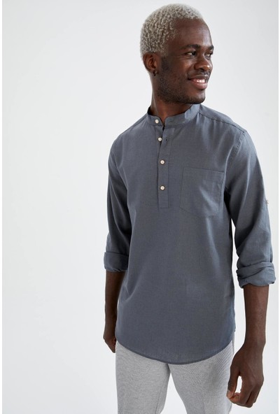 Defacto Slim Fit Hakim Yaka Uzun Kollu Keten Gömlek U8570AZ21SM