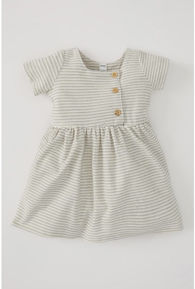 Defacto Kız Bebek Çizgili Keten Görünümlü Kısa Kollu Elbise U9161A221SM