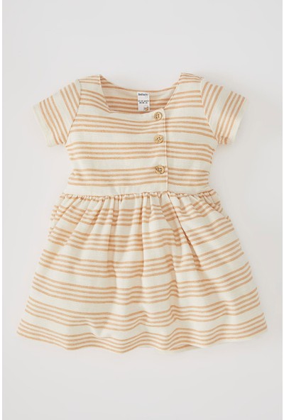 Defacto Kız Bebek Çizgili Keten Görünümlü Kısa Kollu Elbise U9161A221SM