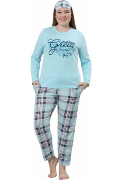 Arcan Büyük Beden Kadın Pijama Takımı Mavi Kareli