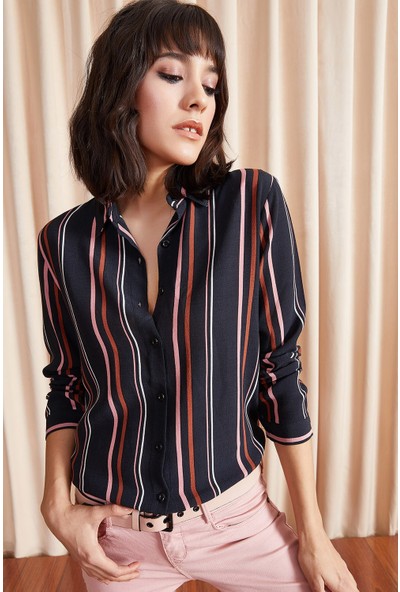 New Laviva Çizgili Uzun Kollu Siyah Kadın Gömlek