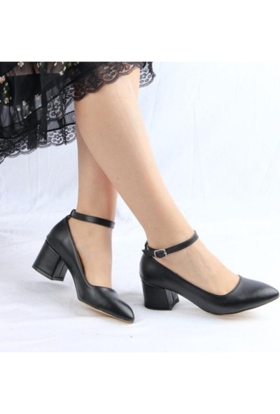 Lenay Kadın Siyah-Cilt Dekolte Bilekten Bantlı Topuklu Ayakkabı