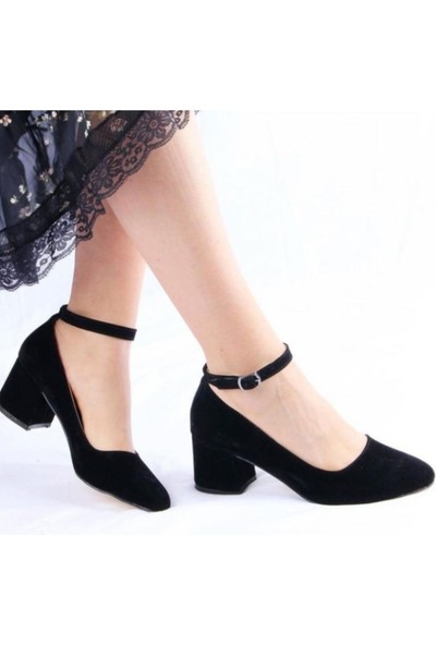 Lenay Kadın Siyah-Süet Dekolte Bilekten Bantlı Topuklu Ayakkbı