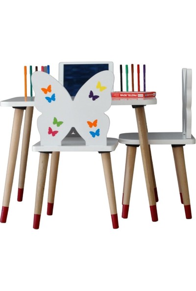 Liva Ahşap Kelebekli Çocuk Aktivite Oyun Masa Sandalye Takımı 60 x 45 cm