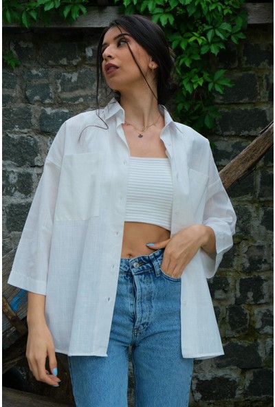 Abbra Kadın Çift Cepli Oversize Kısa Kollu Keten Gömlek