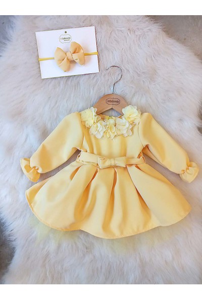 Uzun Kol Yaka Çiçekli Kız Bebek Elbise / Toka Hediyeli