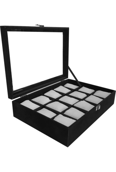 Sultans Siyah Süet Kaplama Beyaz Yastıklı Ahşap, Üzeri Cam Saat Kutusu 15LI