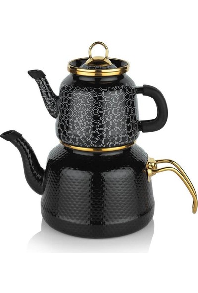 Schafer Glaze 4 Parça Alt Üst Emaye Çaydanlık Takımı Siyah