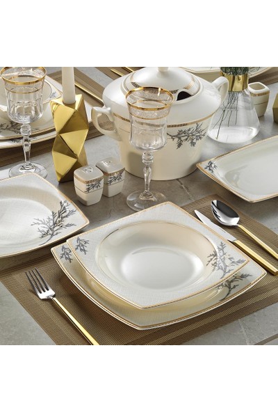 Kütahya Porselen Bone Mare 12 Kişilik 62 Parça Kare Gold Yemek Takımı