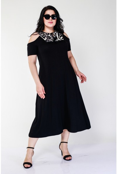 Kadın Büyük Beden Yaka Gri Leopar Detaylı Siyah Elbise Kadın Büyük Beden Yaka Gri Leopar Detaylı Siyah Elbise